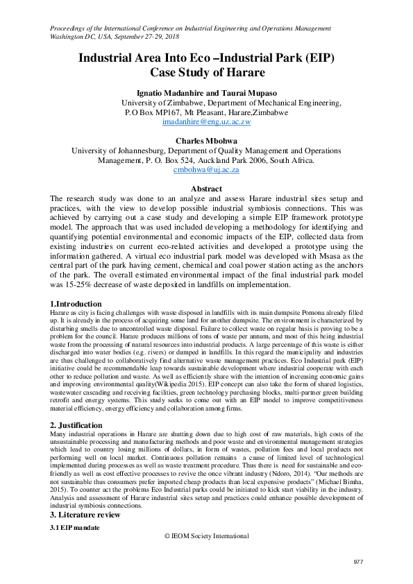 (PDF) Industrial Area Into Eco –Industrial Park (EIP) Case Study of Harare