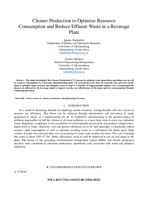 (PDF) Cleaner production to optimize resource consumption and reduce ...