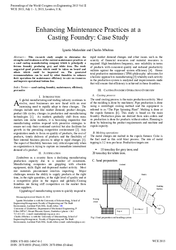 (PDF) Enhancing Maintenance Practices at a Casting Foundry: Case Study