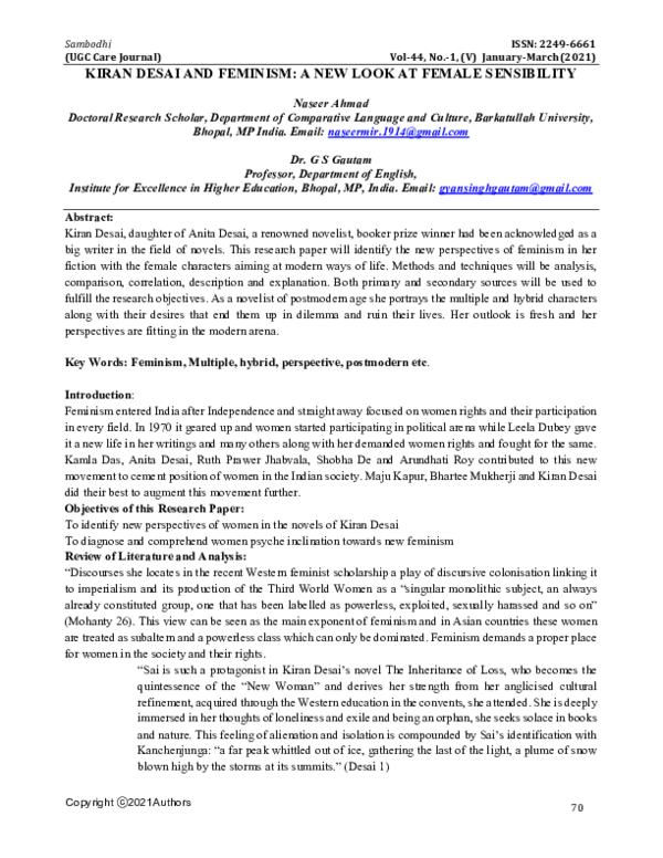(PDF) KIRAN DESAI AND FEMINISM: A NEW LOOK AT FEMALE SENSIBILITY