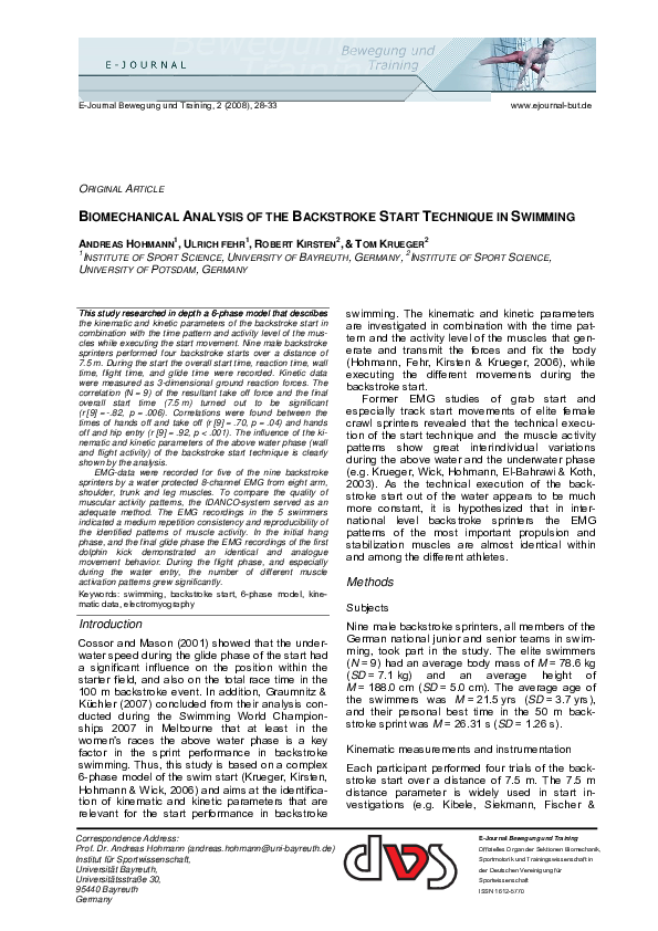 (PDF) Biomechanical Analysis of the Backstroke Start Technique in Swimming