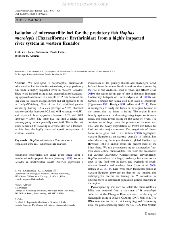 (PDF) Isolation of microsatellite loci for the predatory fish Hoplias ...
