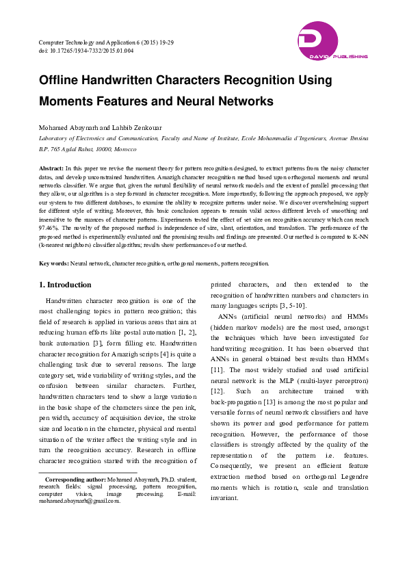 Pdf Offline Handwritten Characters Recognition Using Moments Features