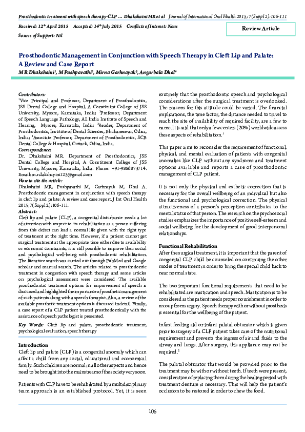 (PDF) Prosthodontic Management in Conjunction with Speech Therapy in ...
