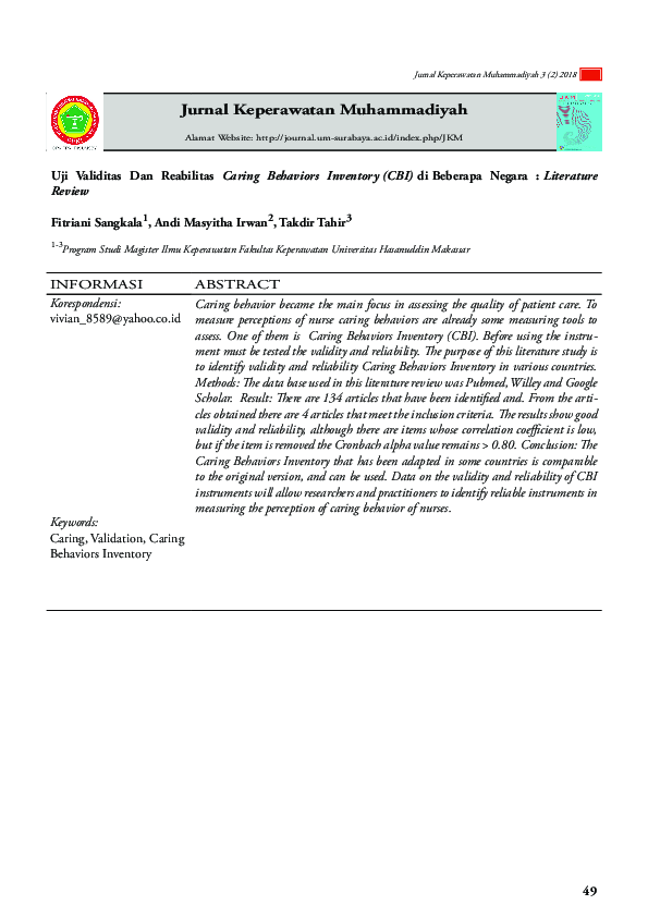(PDF) Uji Validitas Dan Reabilitas Caring Behaviors Inventory (CBI) Di ...