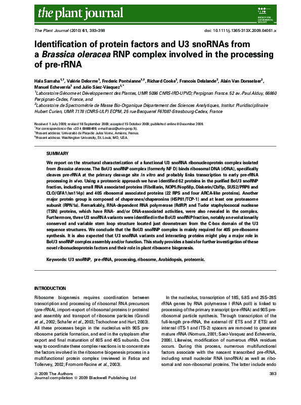 (PDF) Identification of protein factors and U3 snoRNAs from a Brassica ...