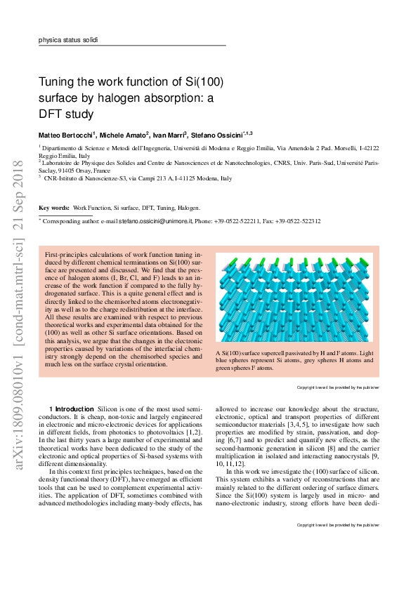 (PDF) Tuning the Work Function of Si(100) Surface by Halogen Absorption ...
