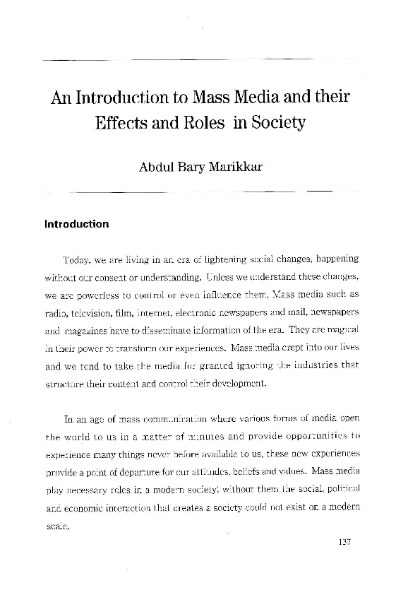 (PDF) An Introduction to Mass Media and their Effects and Roles in Society