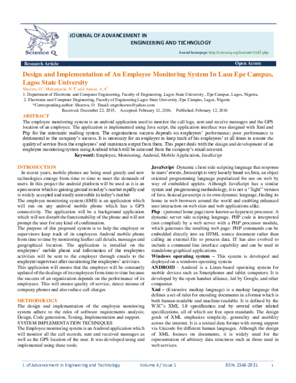 (PDF) Design And Implementation Of An Employee Monitoring System In Lasu Epe Campus, Lagos State ...