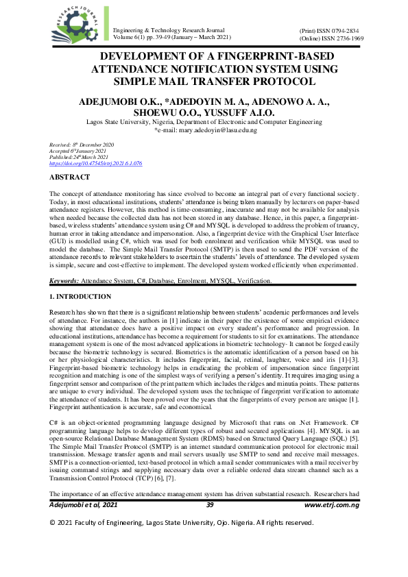 (PDF) Development of a Fingerprint-Based Attendance Notification System ...