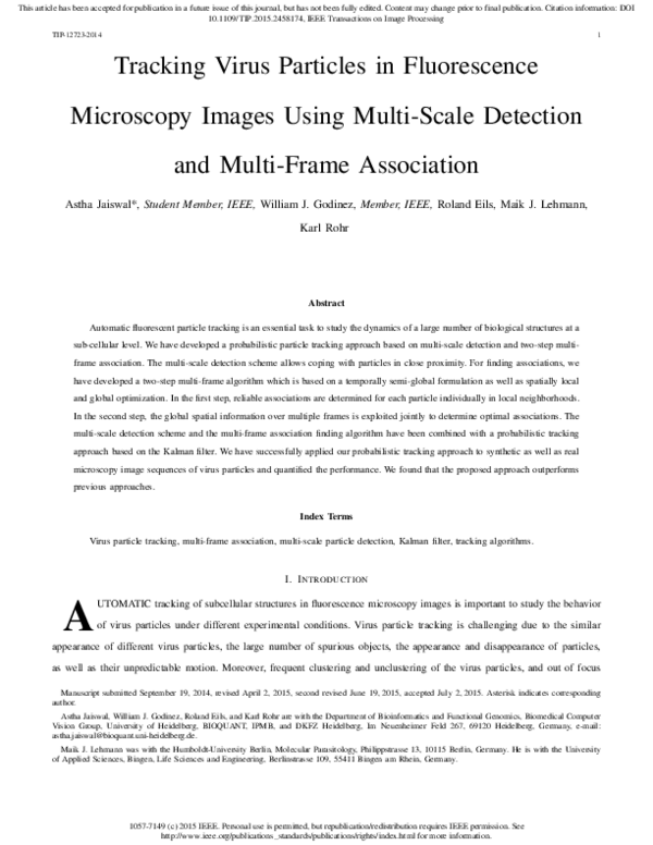 (PDF) Tracking virus particles in fluorescence microscopy images via a particle Kalman filter