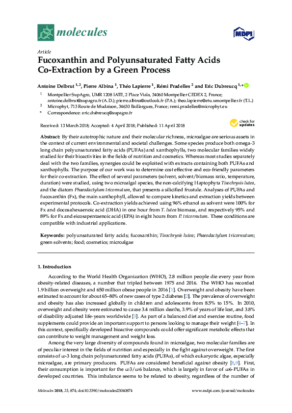 (PDF) Fucoxanthin and Polyunsaturated Fatty Acids Co-Extraction by a ...