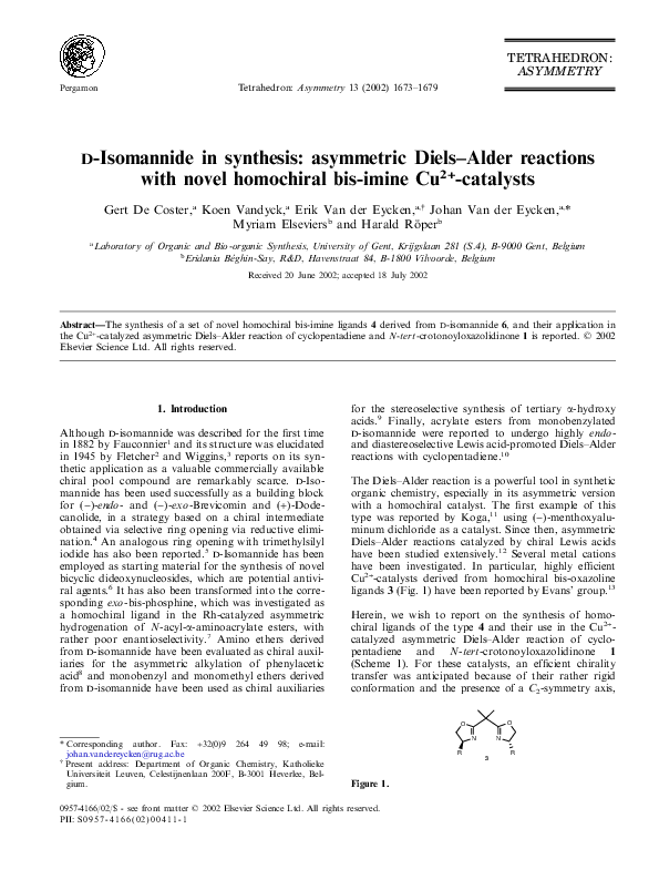 (PDF) d-Isomannide in synthesis: asymmetric Diels–Alder reactions with ...