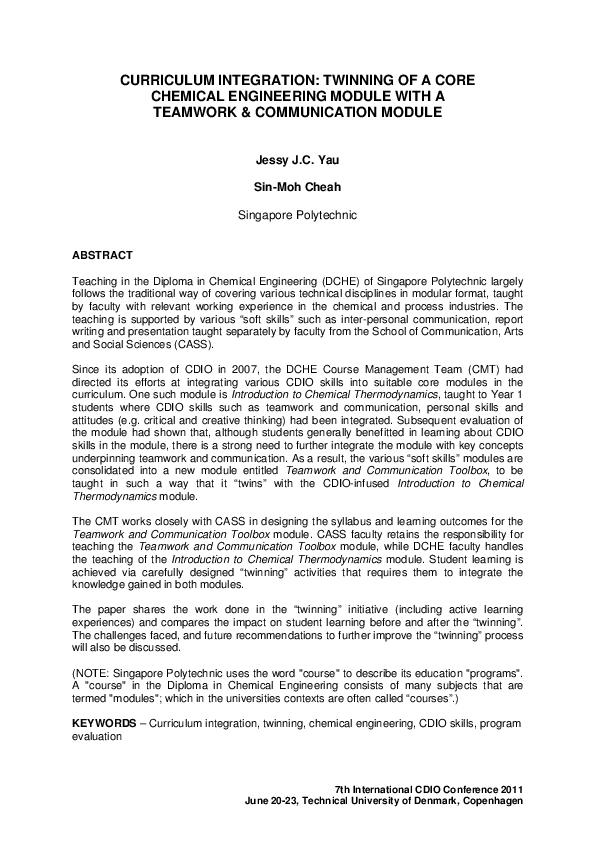 (PDF) Curriculum Integration: Twinning of a Core Chemical Engineering ...