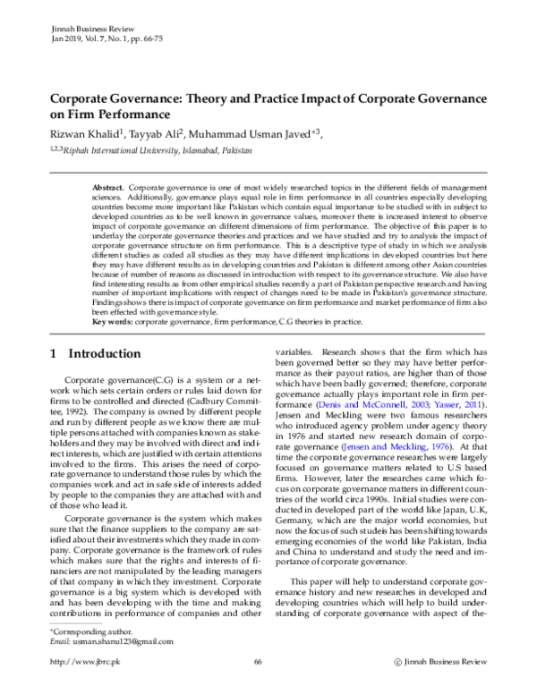 (PDF) Corporate Governance: Theory and Practice Impact of Corporate Governance on Firm Performance