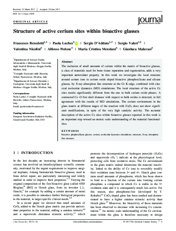 (PDF) Structure of active cerium sites within bioactive glasses