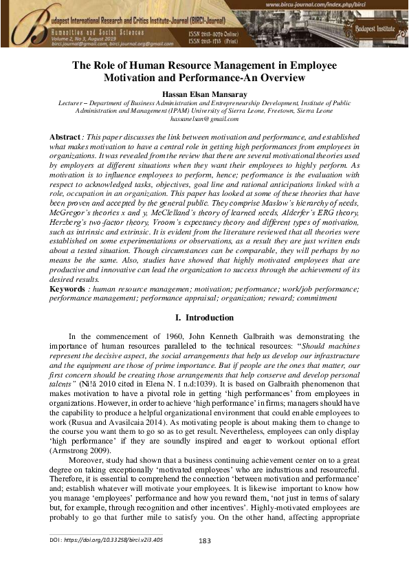 (PDF) The Role of Human Resource Management in Employee Motivation and ...