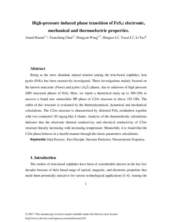 (PDF) High-pressure induced phase transition of FeS 2 : Electronic ...