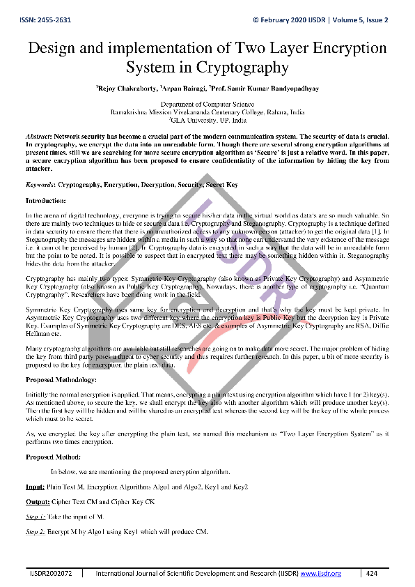 (PDF) Design and implementation of Two Layer Encryption System in Cryptography