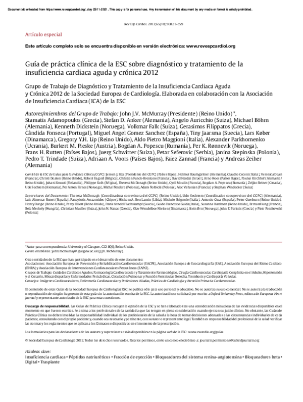 (PDF) Guía de práctica clíníca de la ESC sobre diagnóstico y tratamiento de las enfermedades ...