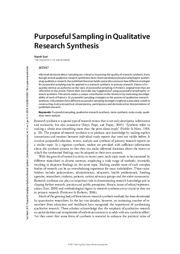 (PDF) Purposeful Sampling in Qualitative Research Synthesis | Harsh ...