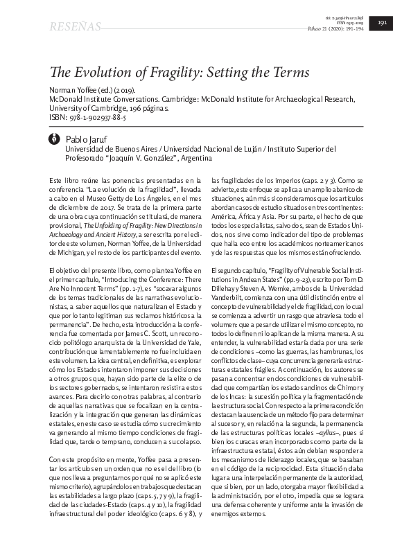 (PDF) The Evolution of Fragility: Setting the Terms, de Norman Yoffee ...