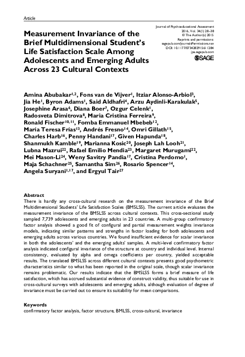 (PDF) Measurement Invariance of the Brief Multidimensional Student’s Life Satisfaction Scale ...