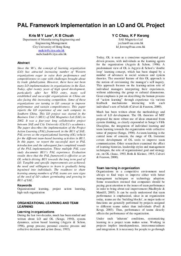 (PDF) PAL framework implementation in an LO and OL project | YC Chau - Academia.edu