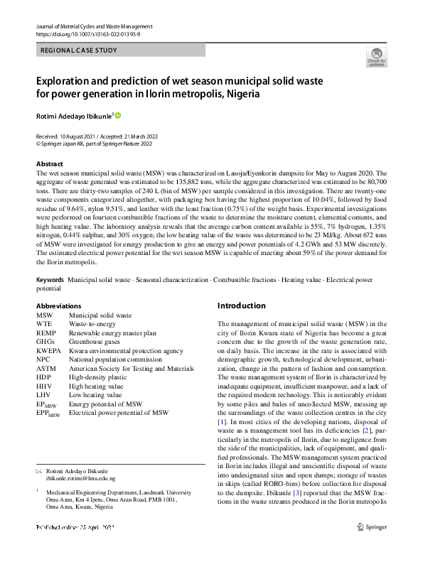 (PDF) Exploration and prediction of wet season municipal solid waste ...
