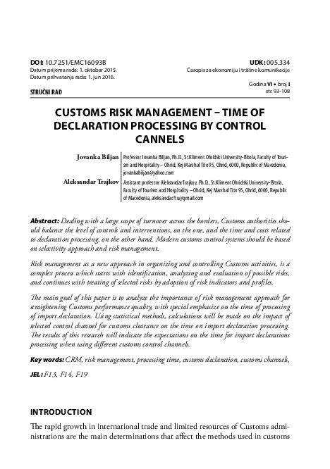 (PDF) Customs Risk Management – Time of Declaration Processing by ...