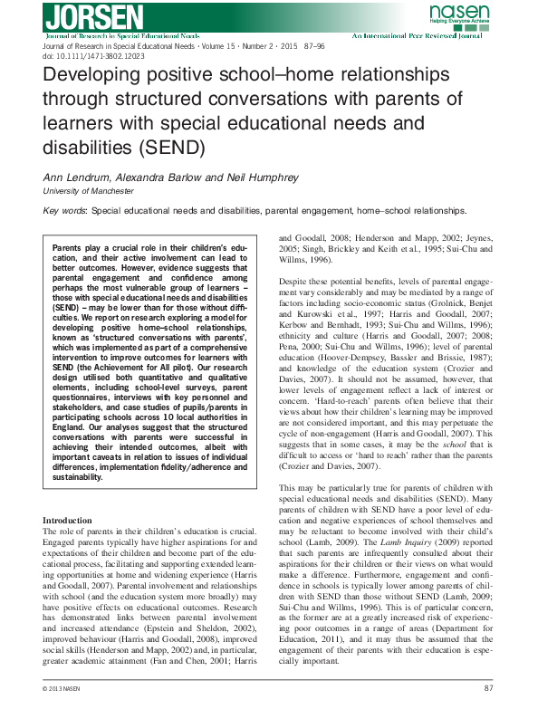 (PDF) Developing positive school-home relationships through structured ...
