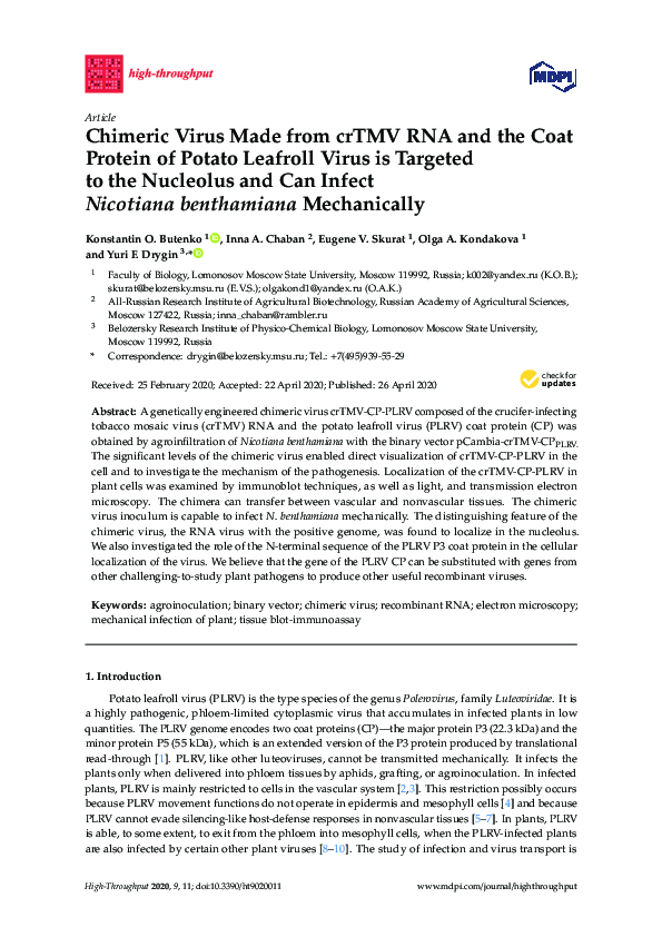 (PDF) Chimeric Virus Made from crTMV RNA and the Coat Protein of Potato ...