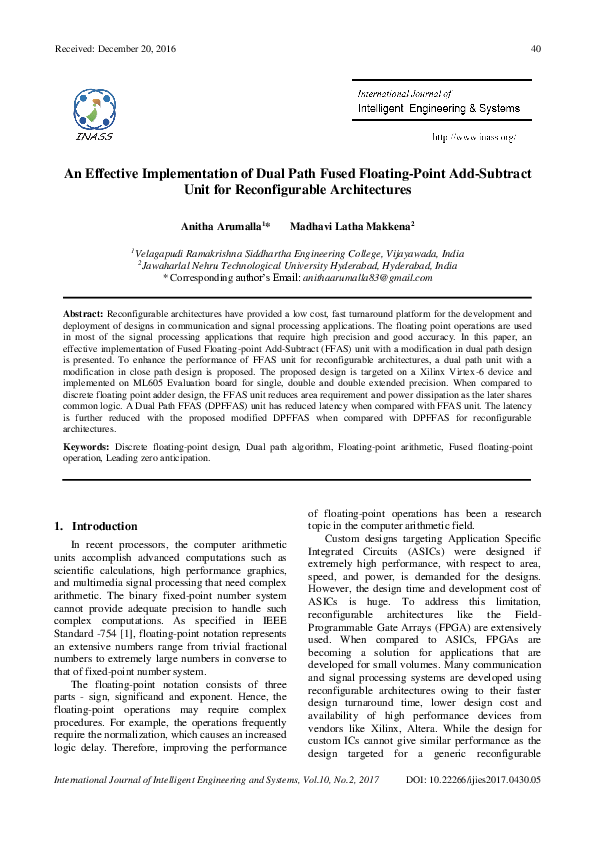 (PDF) An Effective Implementation of Dual Path Fused Floating-Point Add-Subtract Unit for ...