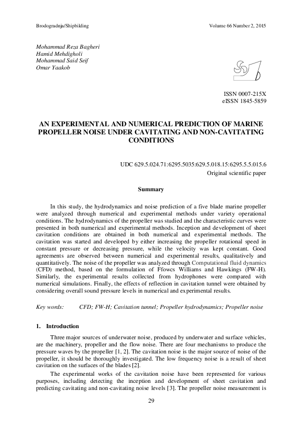 (PDF) An experimental and numerical prediction of marine propeller noise under cavitating and ...