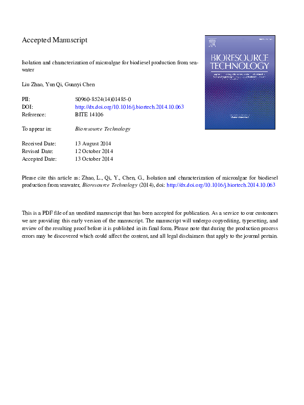 (PDF) Isolation and characterization of microalgae for biodiesel ...