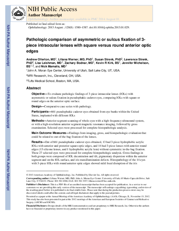 (PDF) Pathologic Comparison of Asymmetric or Sulcus Fixation of 3-Piece ...