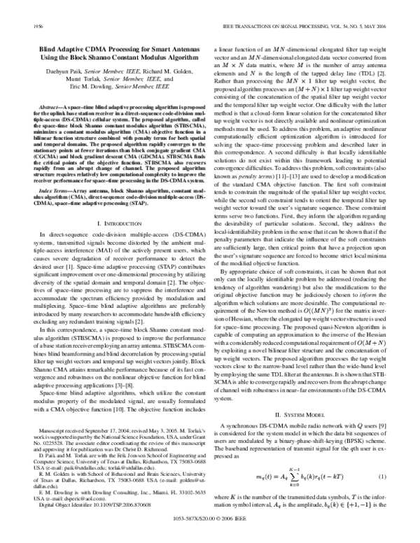 Pdf Blind Adaptive Cdma Processing For Smart Antennas Using The Block Shanno Constant Modulus