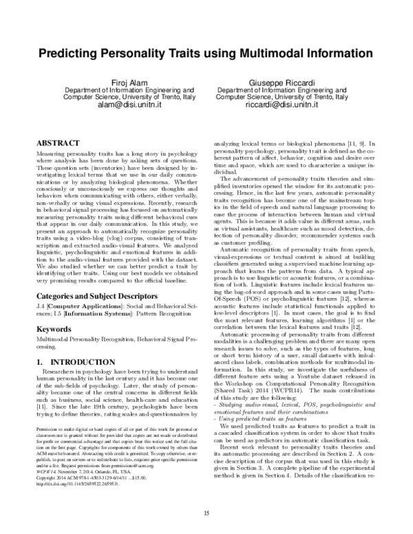 (PDF) Predicting Personality Traits using Multimodal Information