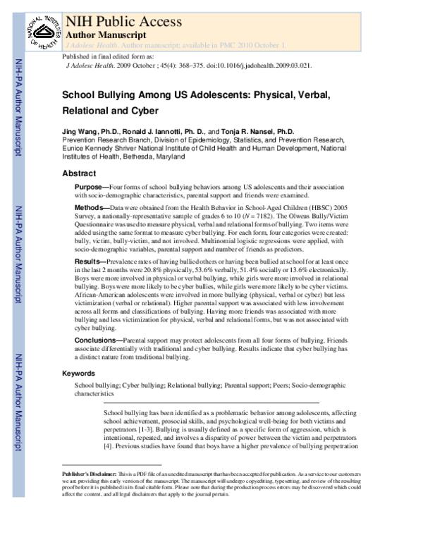 (PDF) School Bullying Among Adolescents in the United States: Physical ...