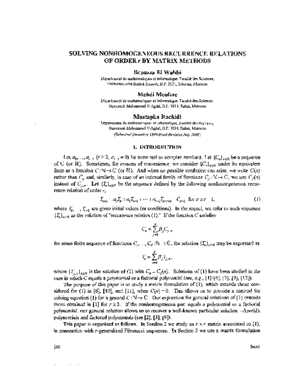 Pdf Solving Nonhomogeneous Recurrence Relations Of Order R By Matrix