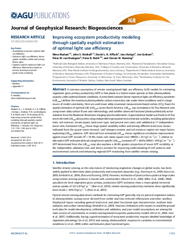 Pdf Improving Ecosystem Productivity Modeling Through Spatially Explicit Estimation Of Optimal