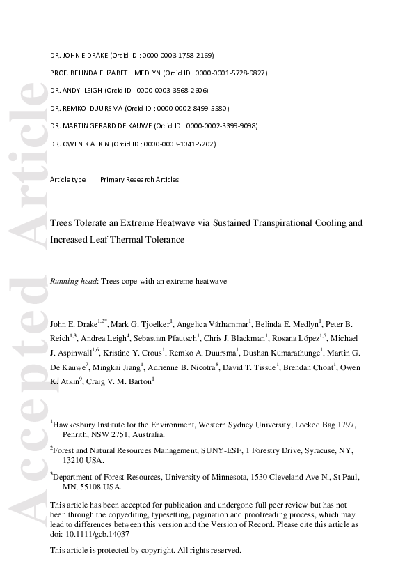 (PDF) Trees tolerate an extreme heatwave via sustained transpirational ...