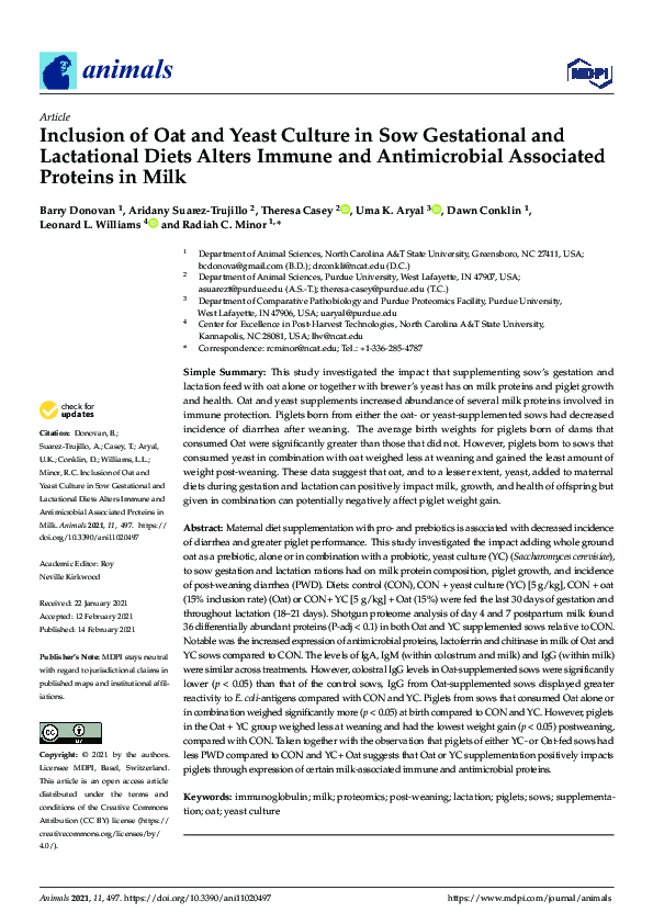 (PDF) Inclusion of Oat and Yeast Culture in Sow Gestational and Lactational Diets Alters Immune ...