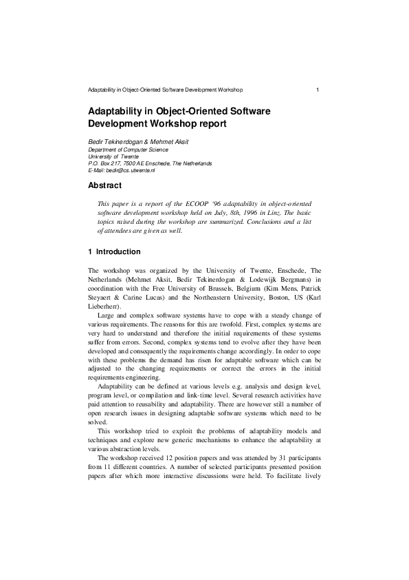 (PDF) Adaptability in object-oriented software development: Workshop report