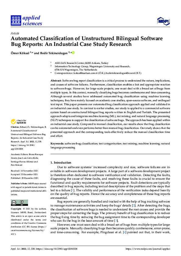 Pdf Automated Classification Of Unstructured Bilingual Software Bug Reports An Industrial