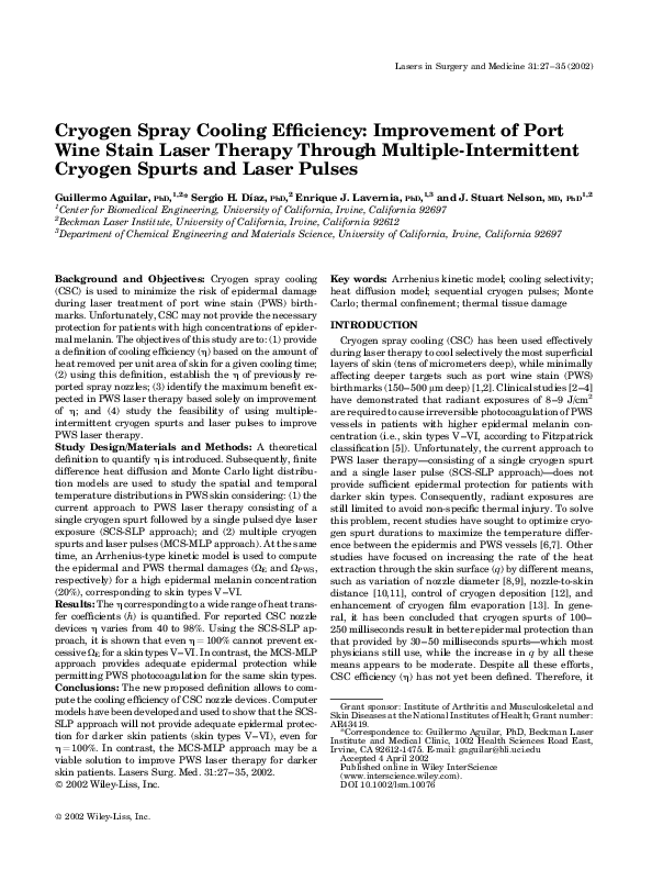 (PDF) Cryogen spray cooling efficiency: Improvement of port wine stain ...