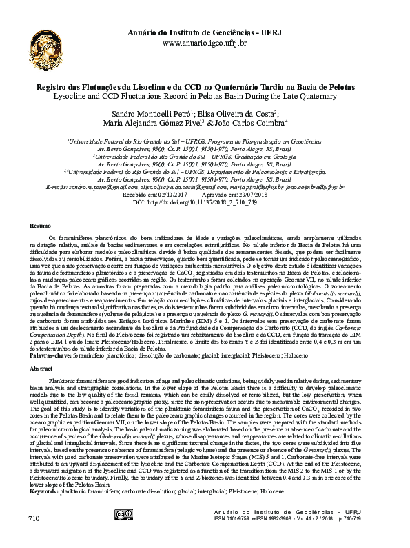 (PDF) Lysocline and CCD Fluctuations Record in Pelotas Basin During the ...