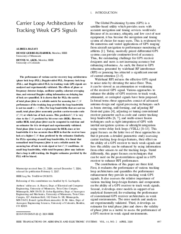 (PDF) Carrier loop architectures for tracking weak GPS signals