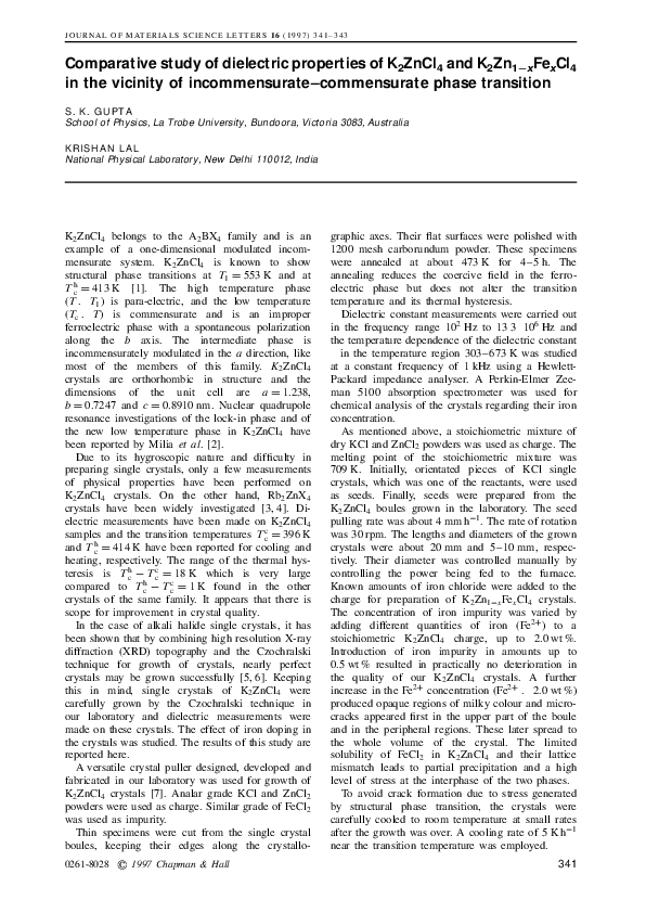 (PDF) Comparative study of dielectric properties of K2ZnCl4 and K2Zn1−xFexCl4 in the vicinity of ...