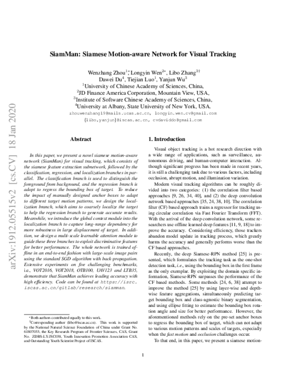 (PDF) SiamMan: Siamese Motion-aware Network for Visual Tracking